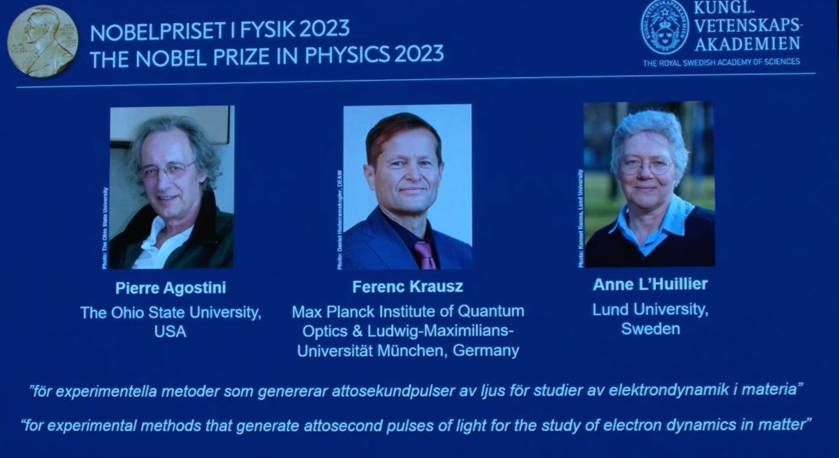 Nobelpriset i fysik 2023 – Anne L’Huillier, Pierre Agostini och Ferenc Krausz delar på priset